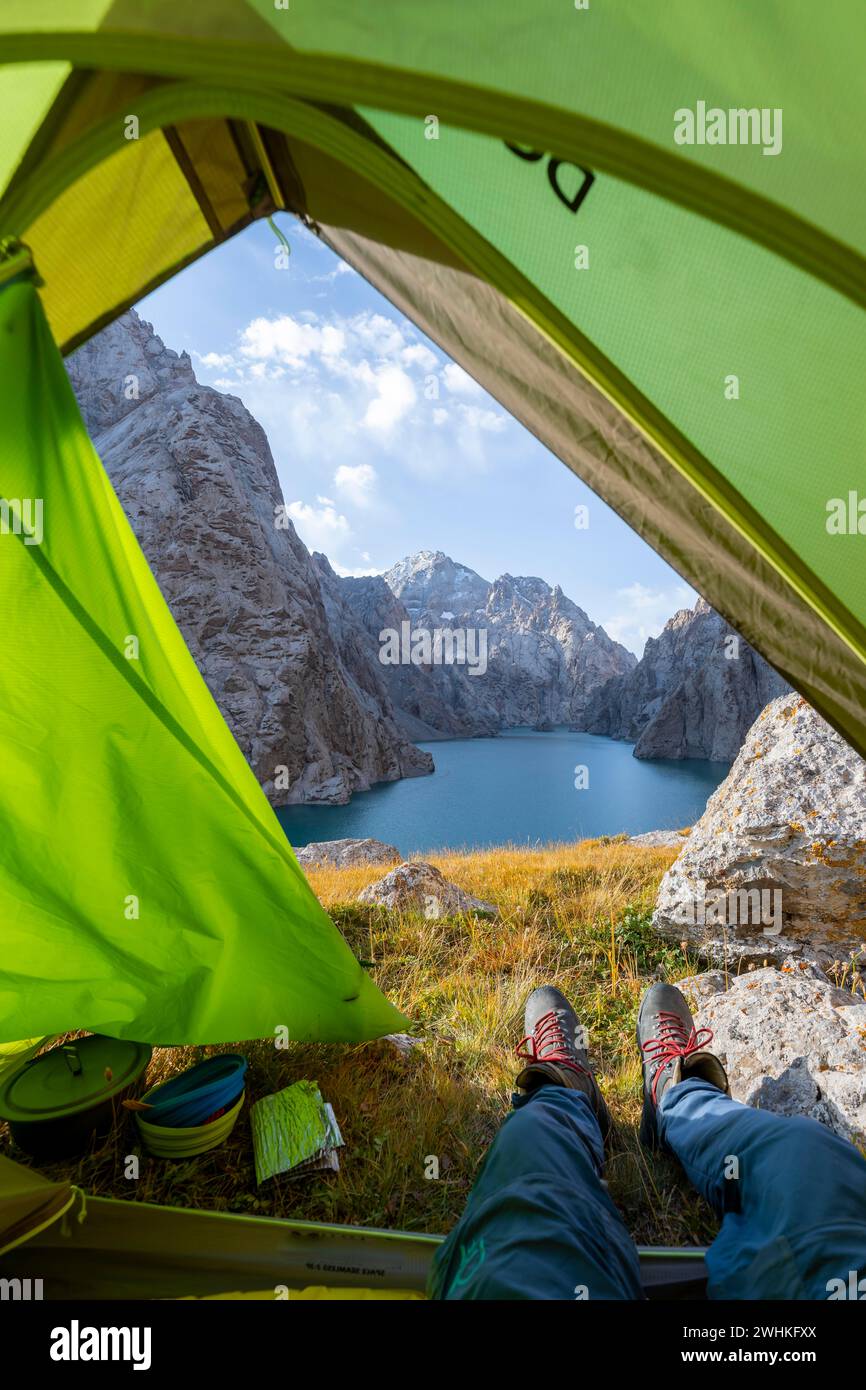 Wild camping, camping in the wilderness with a tent, Kol Suu mountain ...