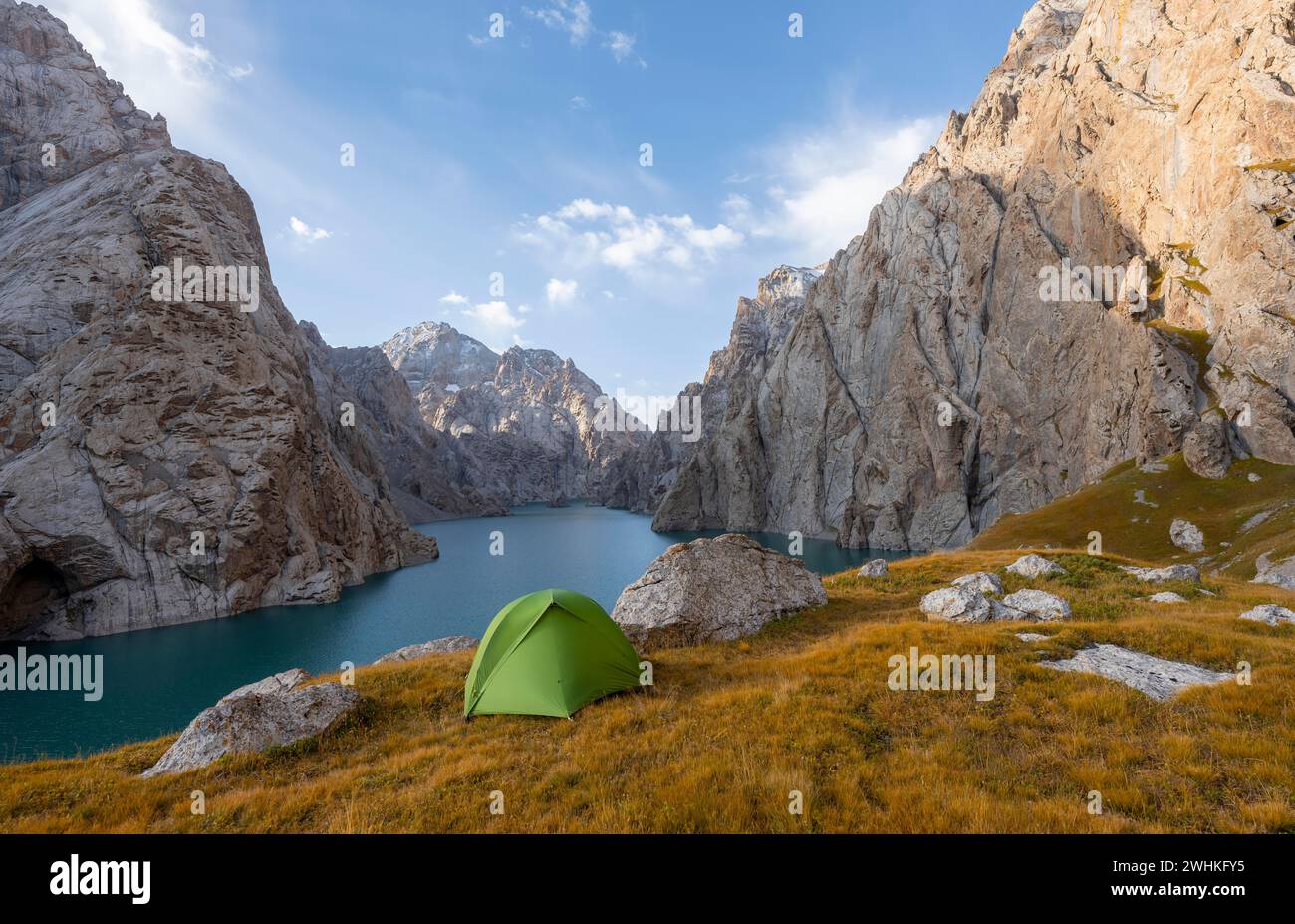 Wild camping, camping in the wilderness with a tent in front of ...