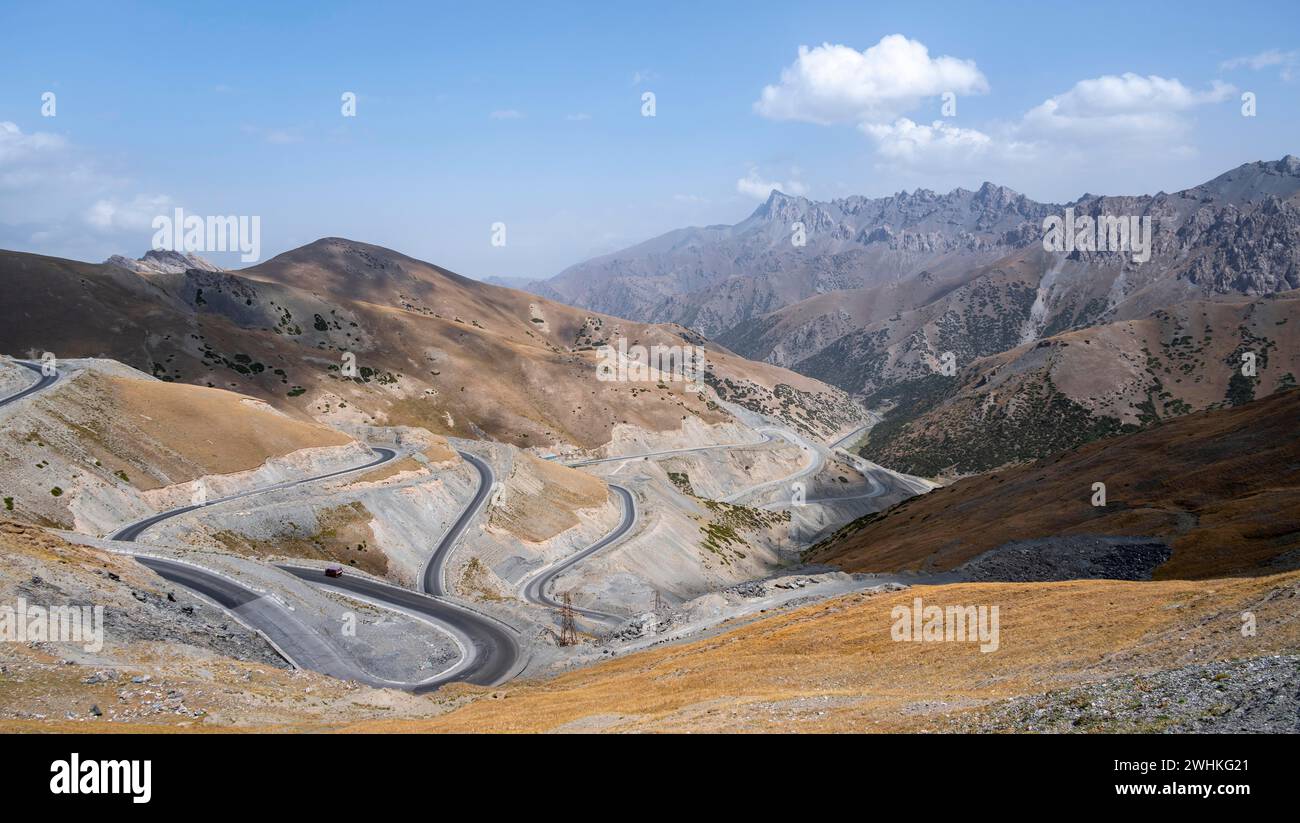 Winding roads on the Pamir Highway, mountain road through an eroded ...