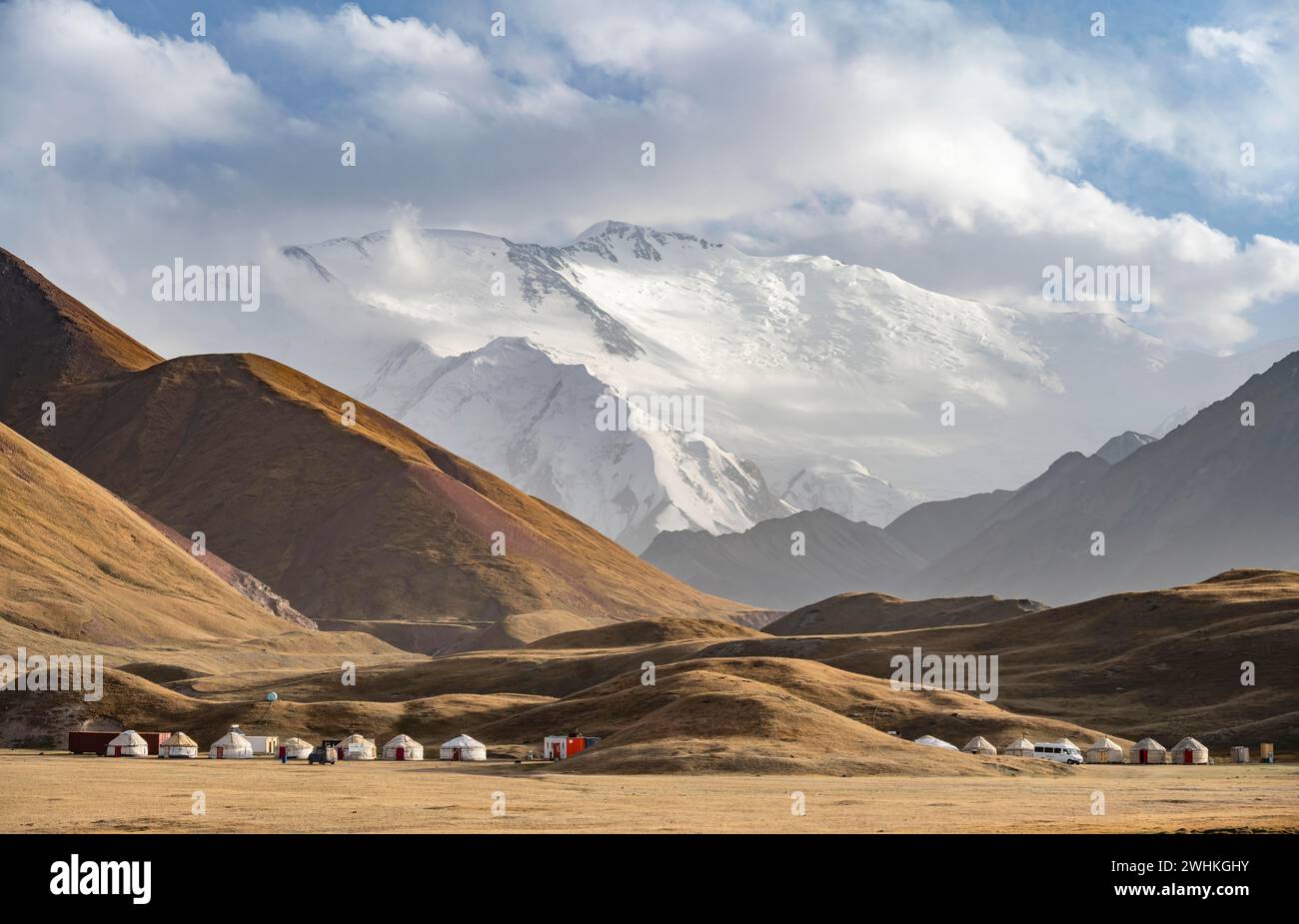 Yurts in front of Lenin Peak, Pamir Mountains, Osh Province, Kyrgyzstan ...