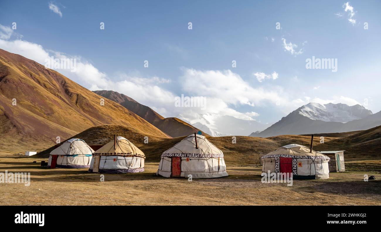 Yurts in front of Lenin Peak, Pamir Mountains, Osh Province, Kyrgyzstan ...