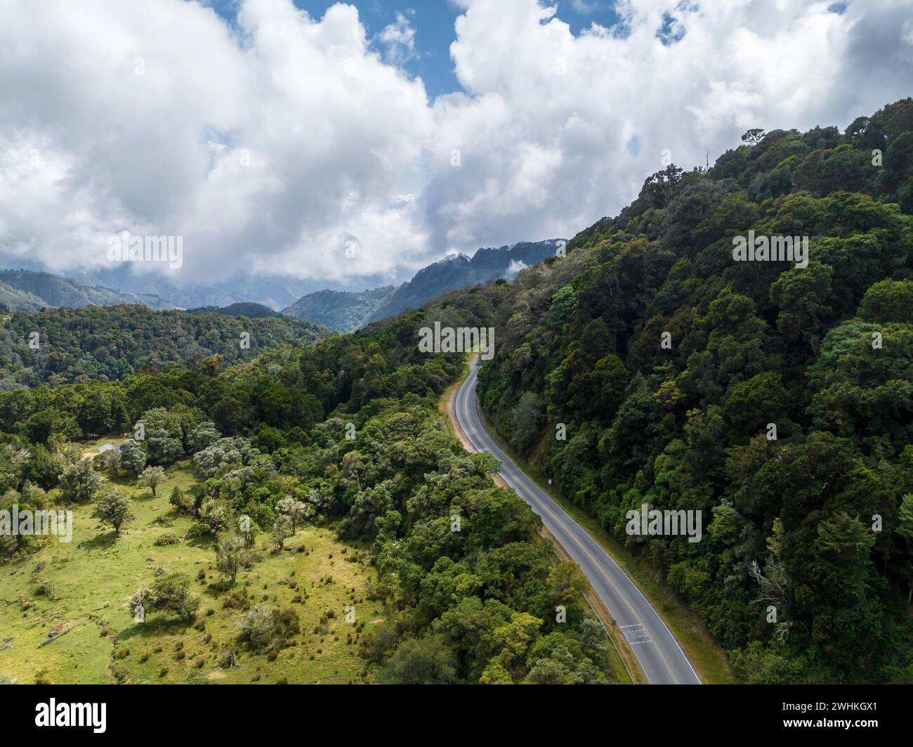 Aerial view, road in the highlands, Tapanti National Park, Cartago ...