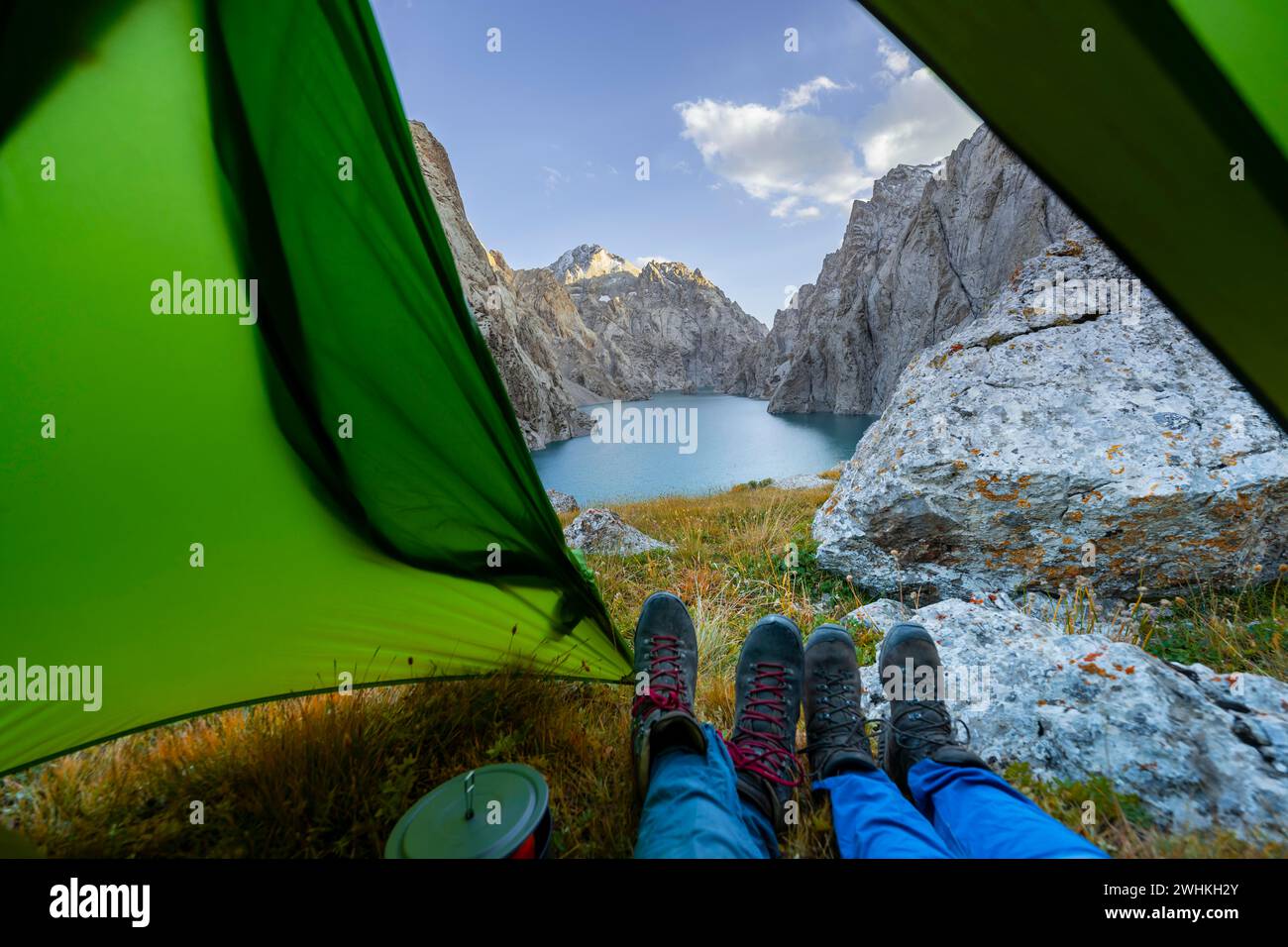 Wild camping, camping in the wilderness with a tent, Kol Suu mountain ...