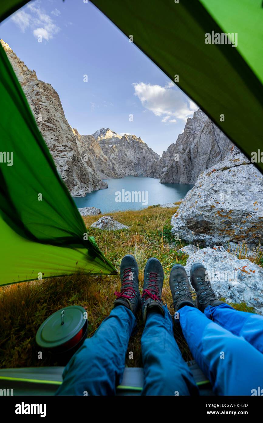 Wild camping, camping in the wilderness with a tent, Kol Suu mountain ...