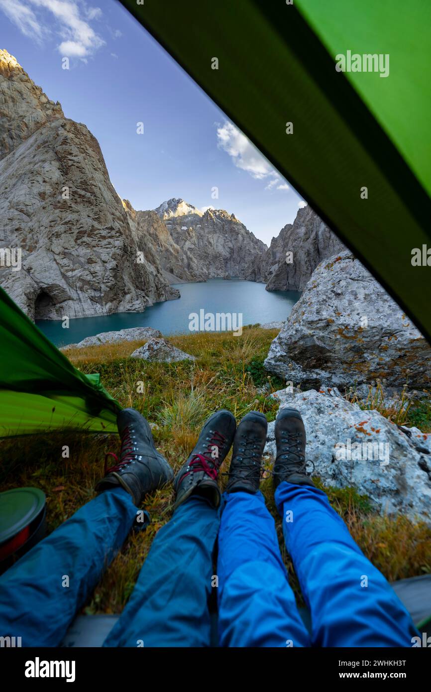 Wild camping, camping in the wilderness with a tent, Kol Suu mountain ...