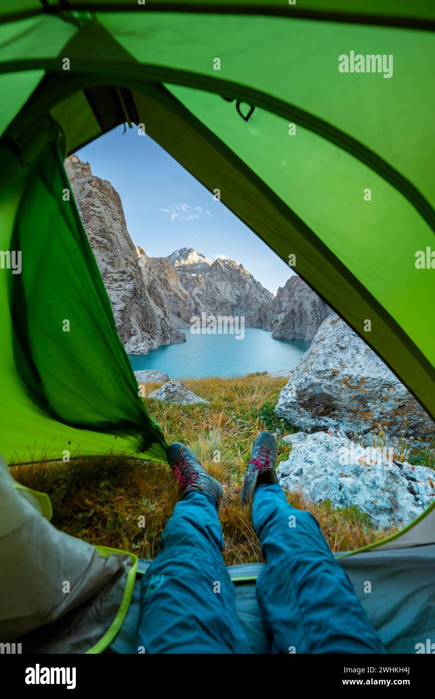 Wild camping, camping in the wilderness with a tent, Kol Suu mountain ...