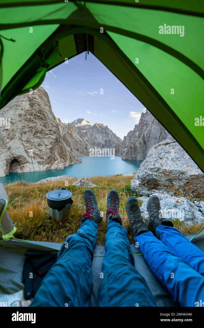 Wild camping, camping in the wilderness with a tent, Kol Suu mountain ...