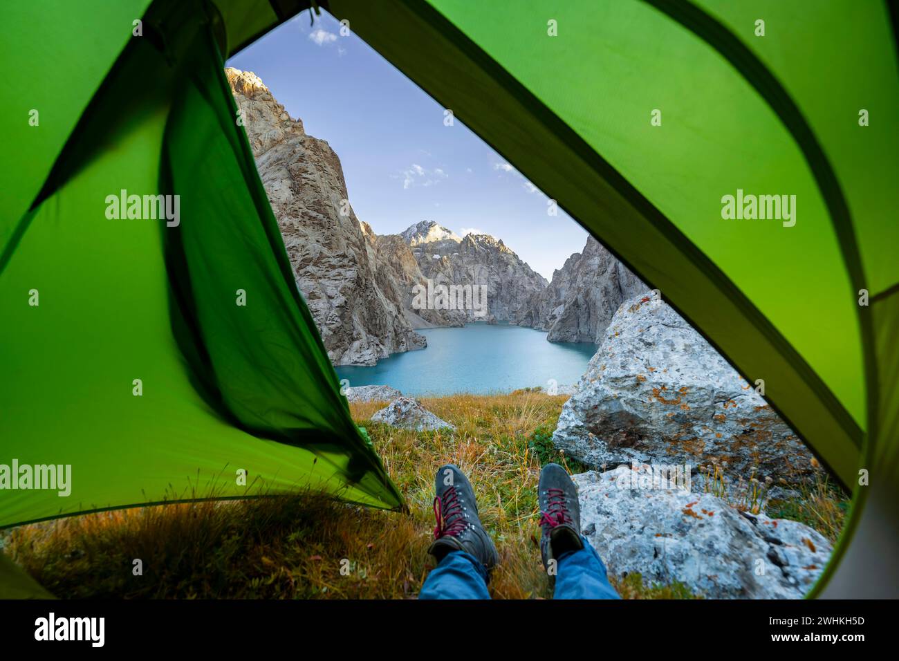 Wild camping, camping in the wilderness with a tent, Kol Suu mountain ...