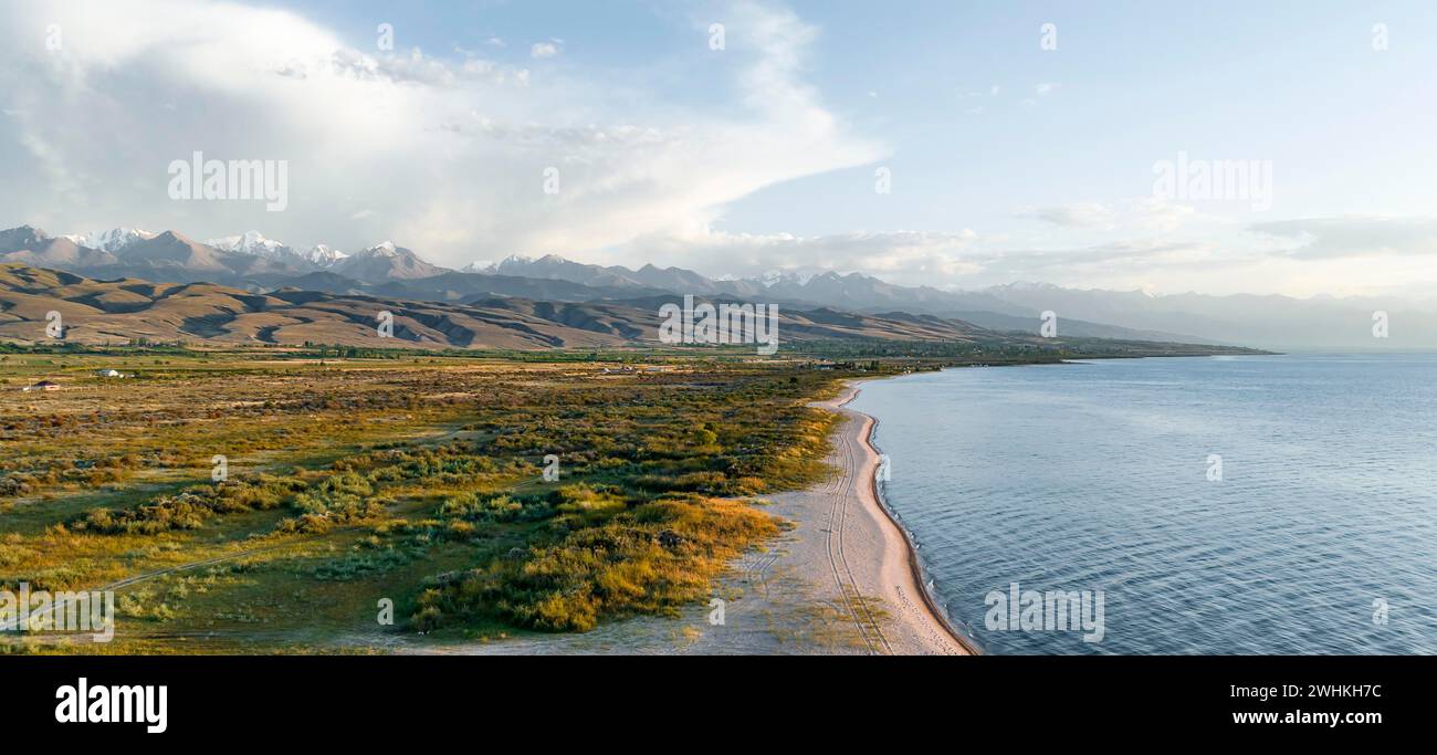 Aerial view, landscape at Lake Issyk Kul, Kyrgyzstan Stock Photo - Alamy