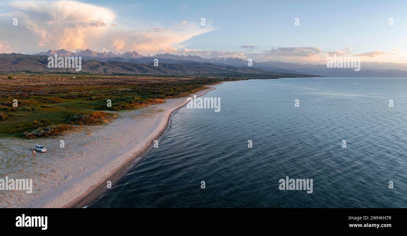 Aerial view, landscape at Lake Issyk Kul, Kyrgyzstan Stock Photo - Alamy