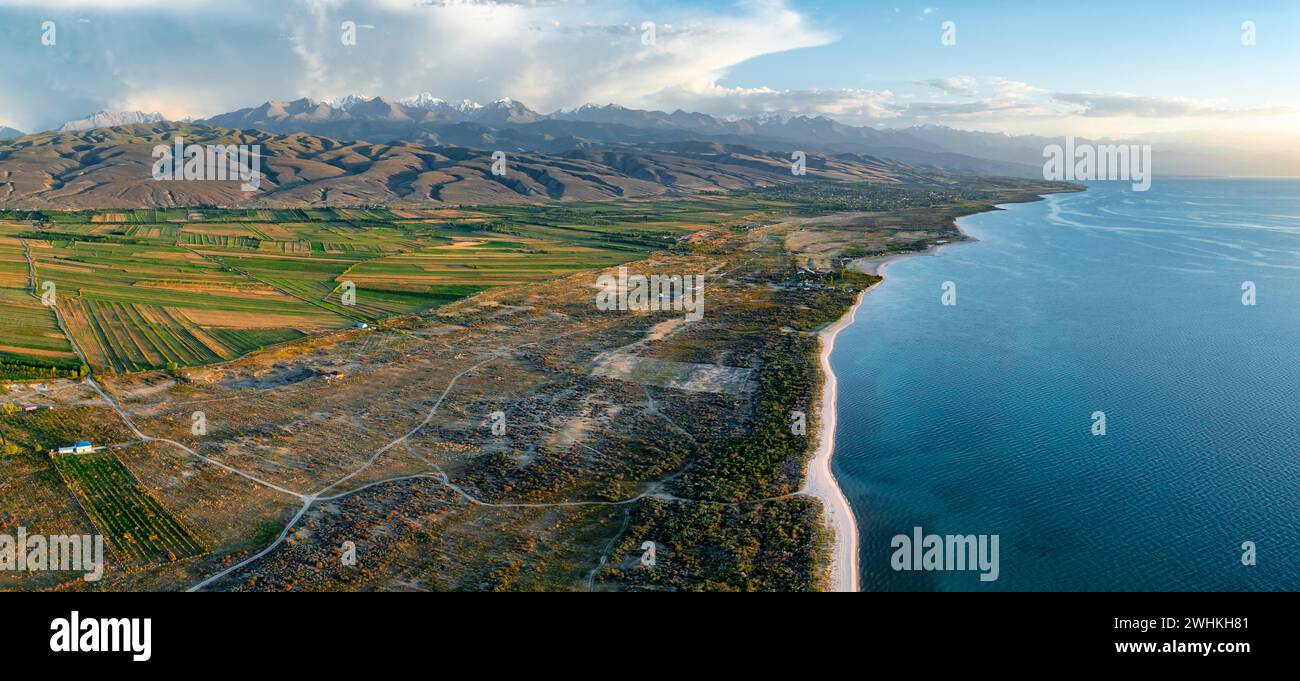 Aerial view, landscape at Lake Issyk Kul, Kyrgyzstan Stock Photo - Alamy