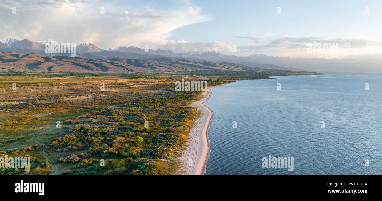Aerial view, landscape at Lake Issyk Kul, Kyrgyzstan Stock Photo - Alamy