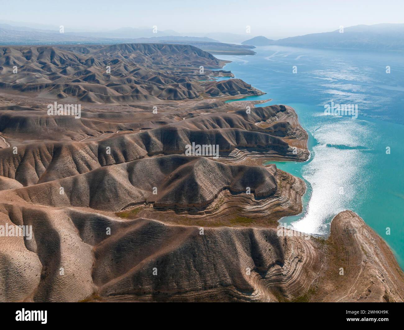 Barren landscape, aerial view, erosion landscape with canyons on the ...