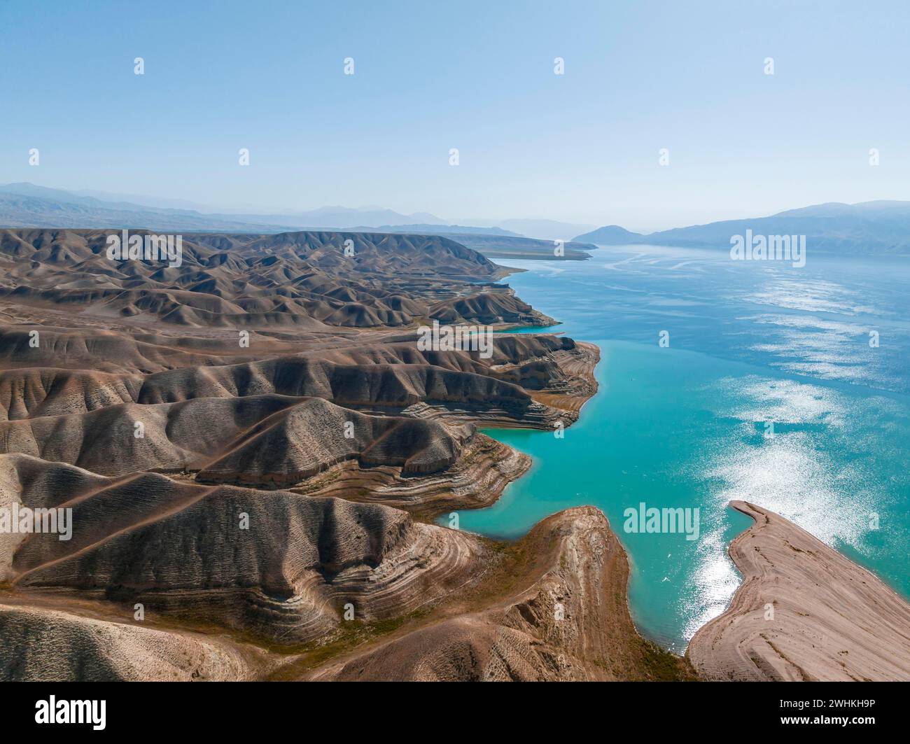 Barren landscape, aerial view, erosion landscape with canyons on the ...