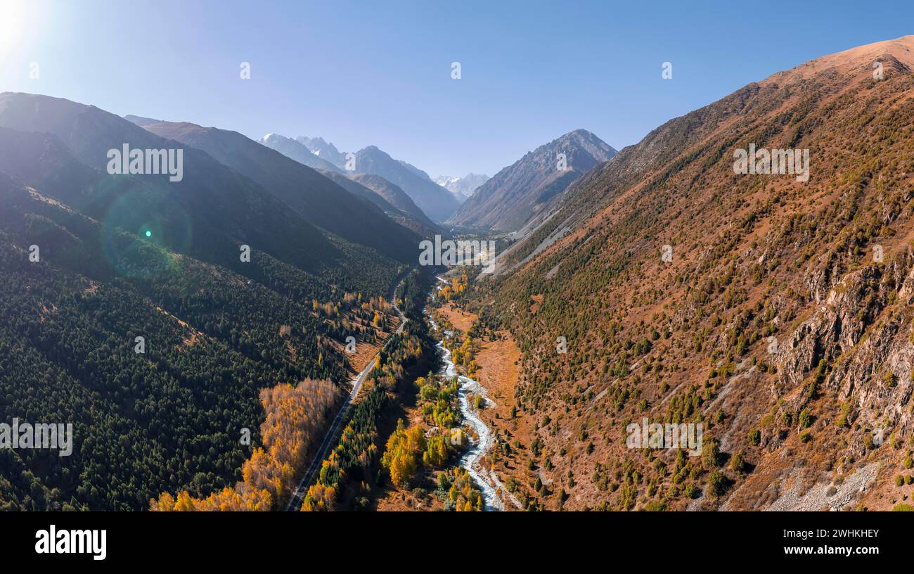Aerial view, mountain stream Ala Archa flows through the Ala Archa ...