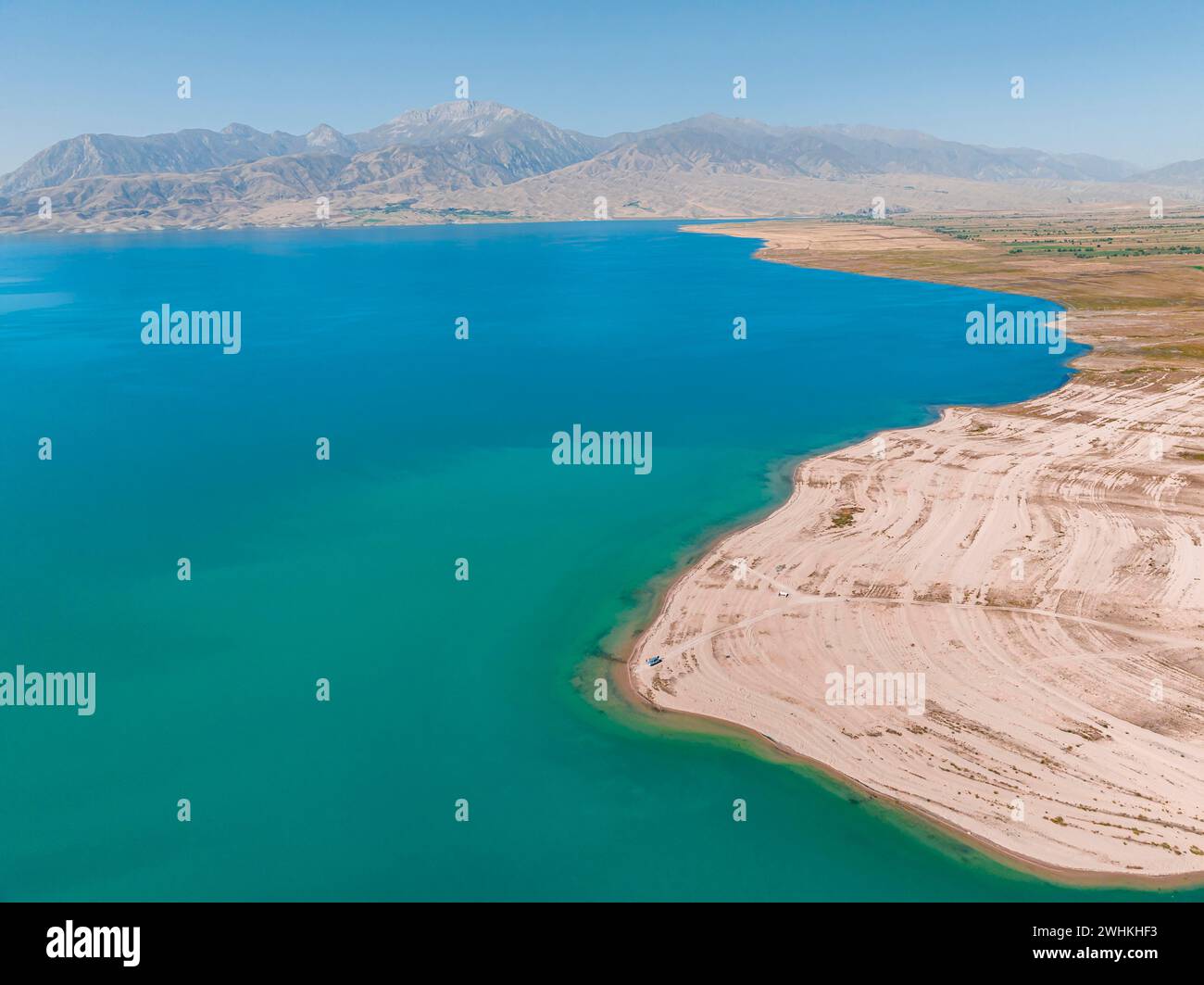 Aerial view, erosion landscape on the Naryn River, Toktogul Reservoir ...