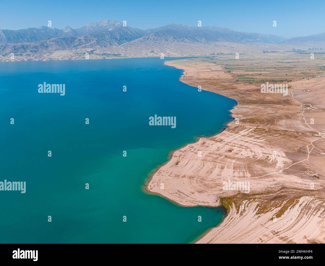 Aerial view, erosion landscape on the Naryn River, Toktogul Reservoir ...