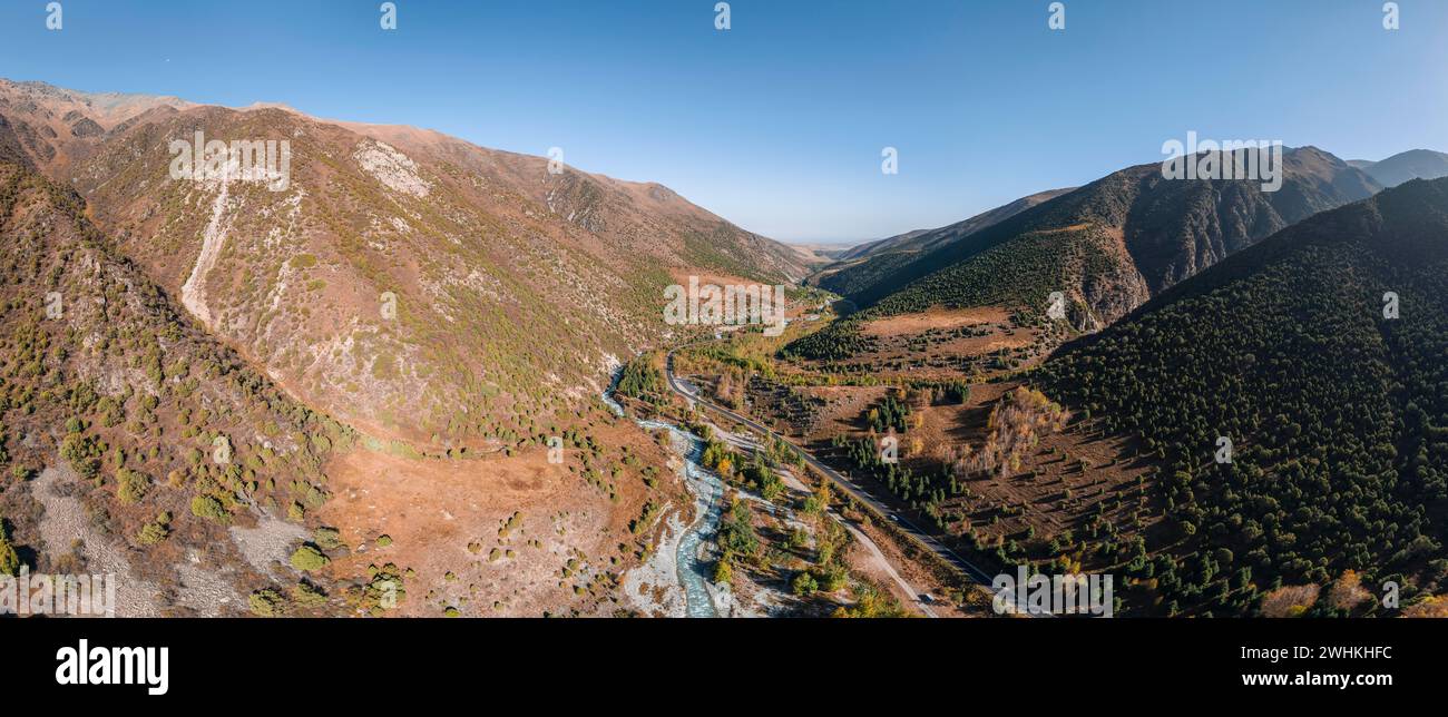 Aerial view, mountain stream Ala Archa flows through the Ala Archa ...