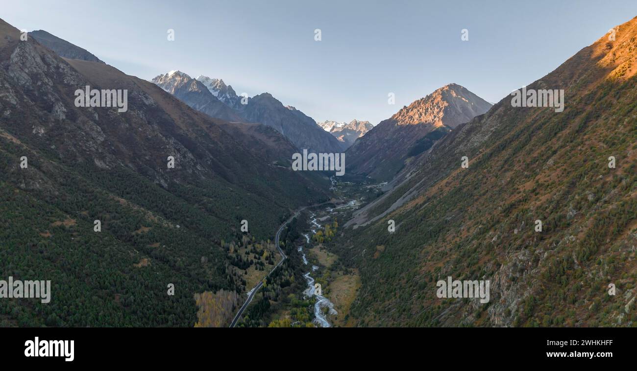 Aerial view, mountain stream Ala Archa flows through the Ala Archa ...