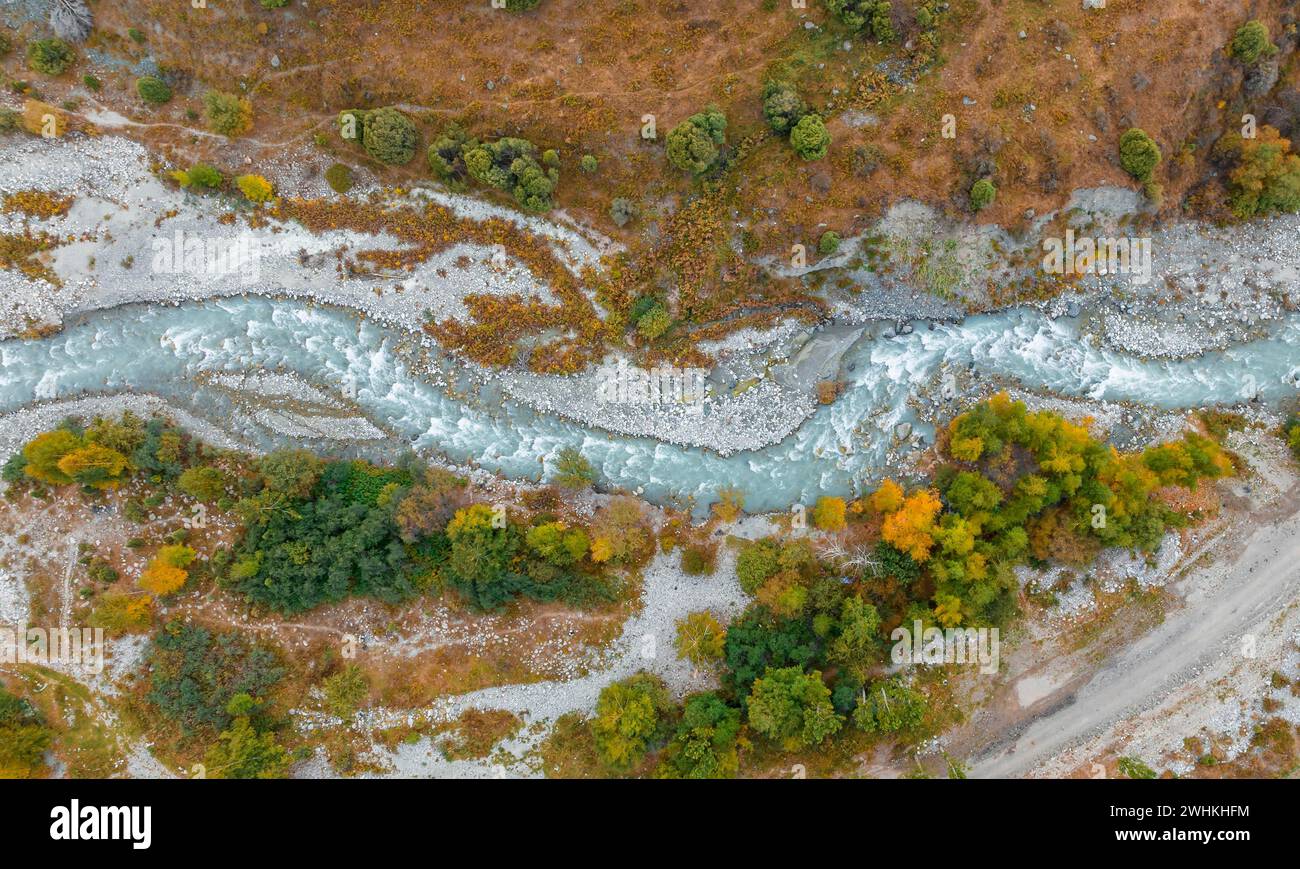 Aerial view, mountain stream Ala Archa flows through the Ala Archa ...
