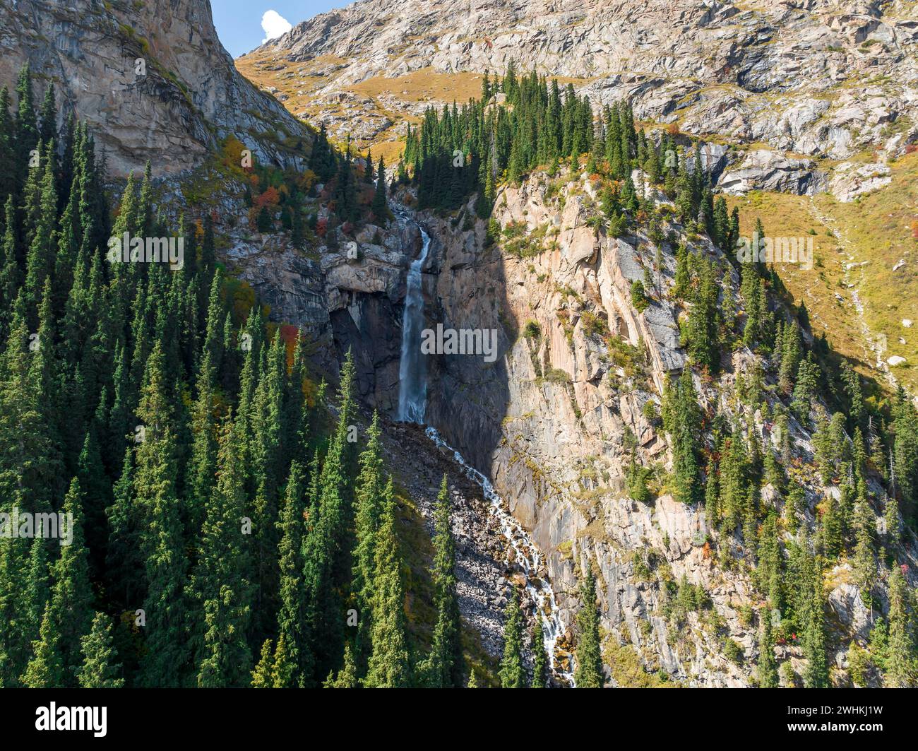 Aerial view, Barskon or Barskoon waterfall, mountain landscape with ...