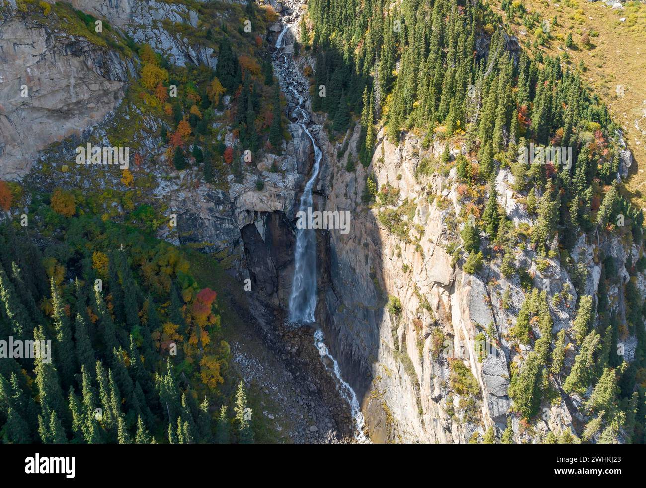 Aerial view, Barskon or Barskoon waterfall, mountain landscape with ...