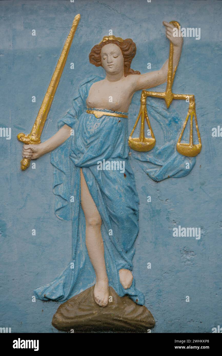 Justitia figure at the market fountain, Roman goddess of justice ...