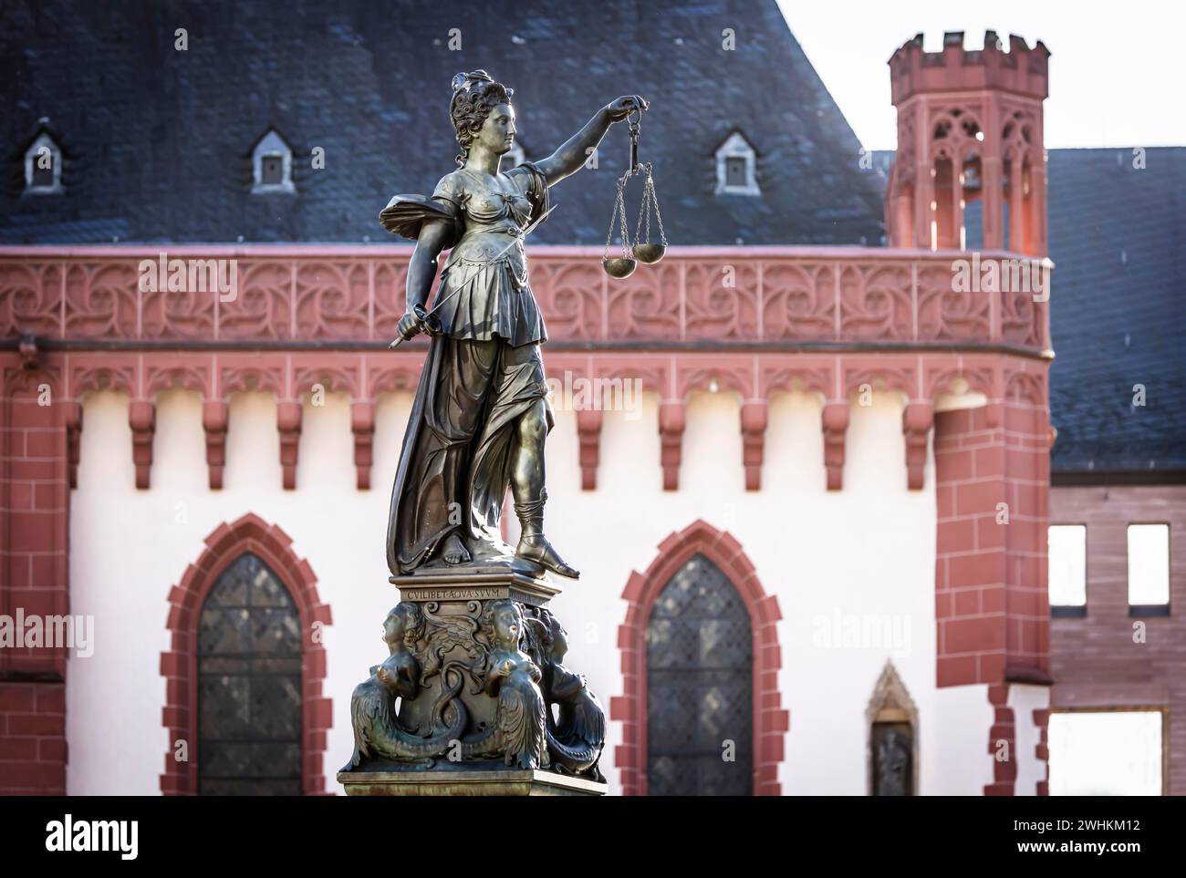 Justitia, Roman goddess of justice. Roemerberg, city centre of ...