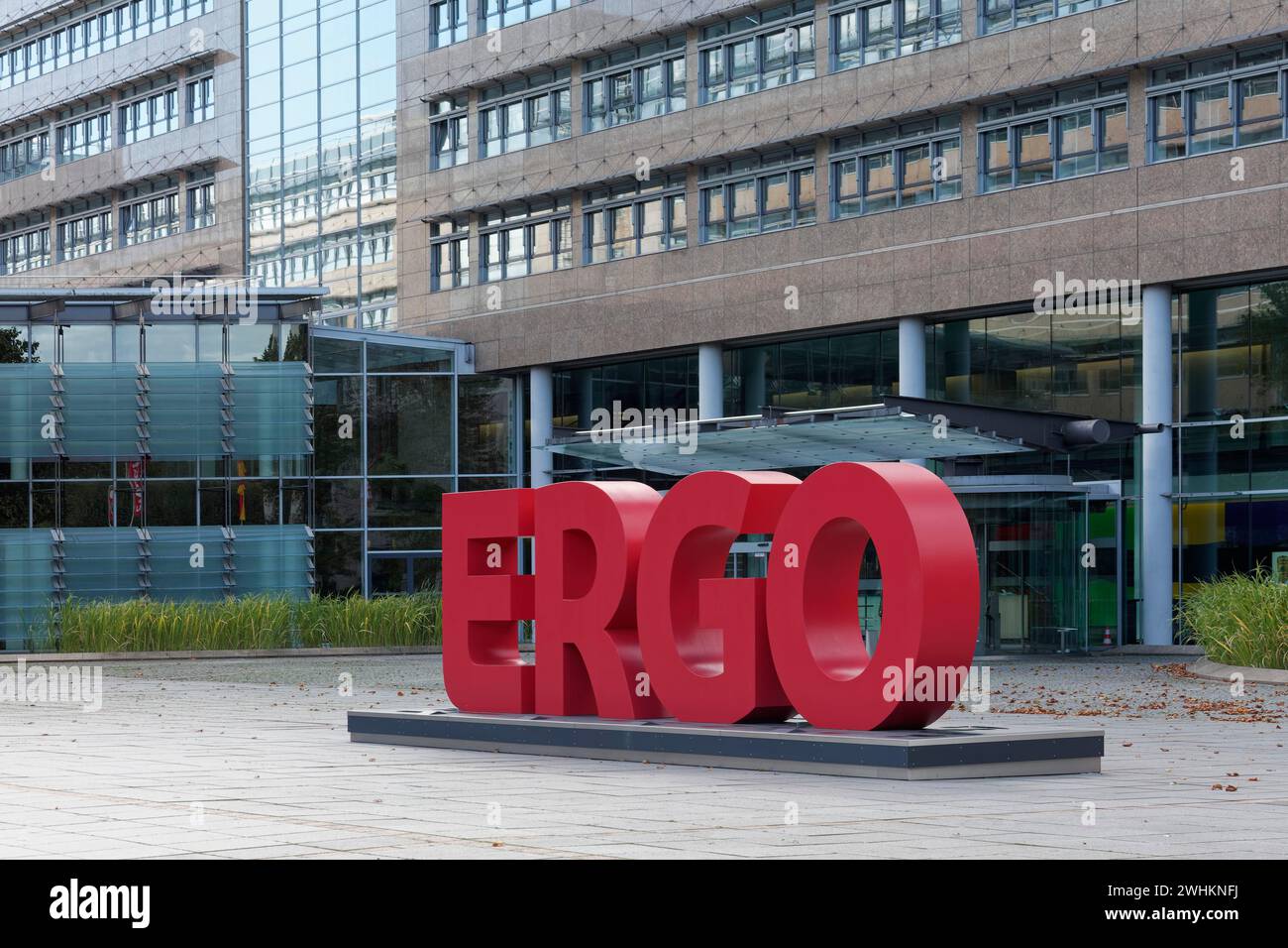 ERGO lettering in front of the headquarters of the ERGO Insurance Group ...