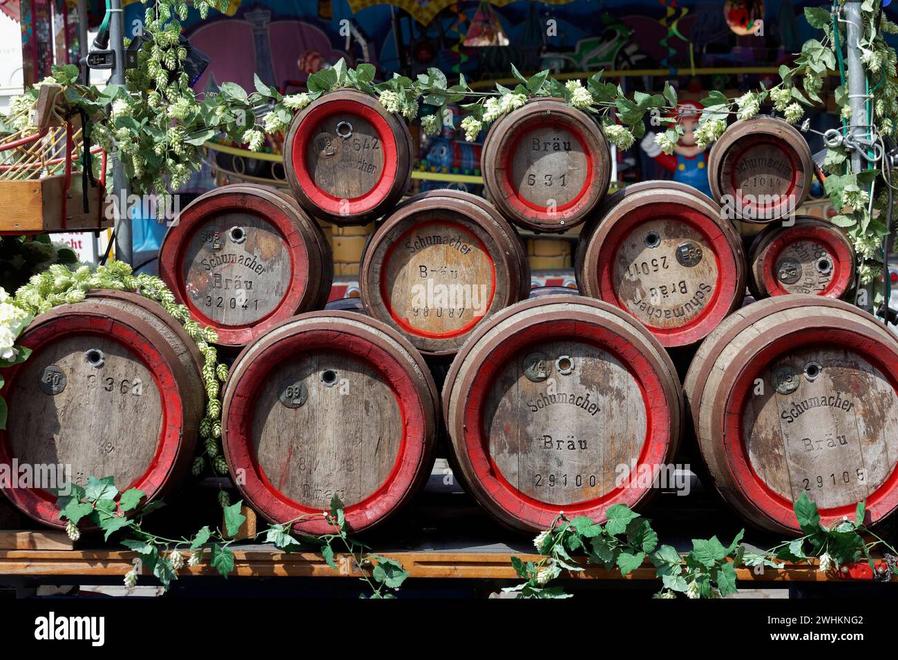Stacked beer barrels from the Duesseldorf Altbierbrauerei Schumacher ...