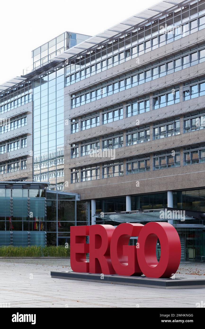 ERGO lettering in front of the headquarters of the ERGO Insurance Group ...