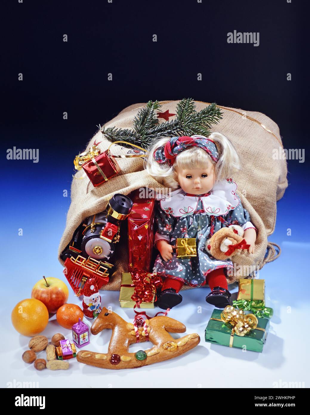 Christmas presents, studio shot, presents in a sack, Father Christmas ...