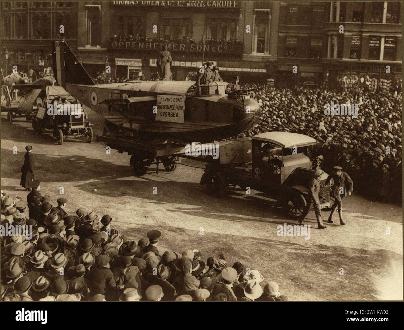 Military parade float of the "Flying Boat" during World War I. Large ...