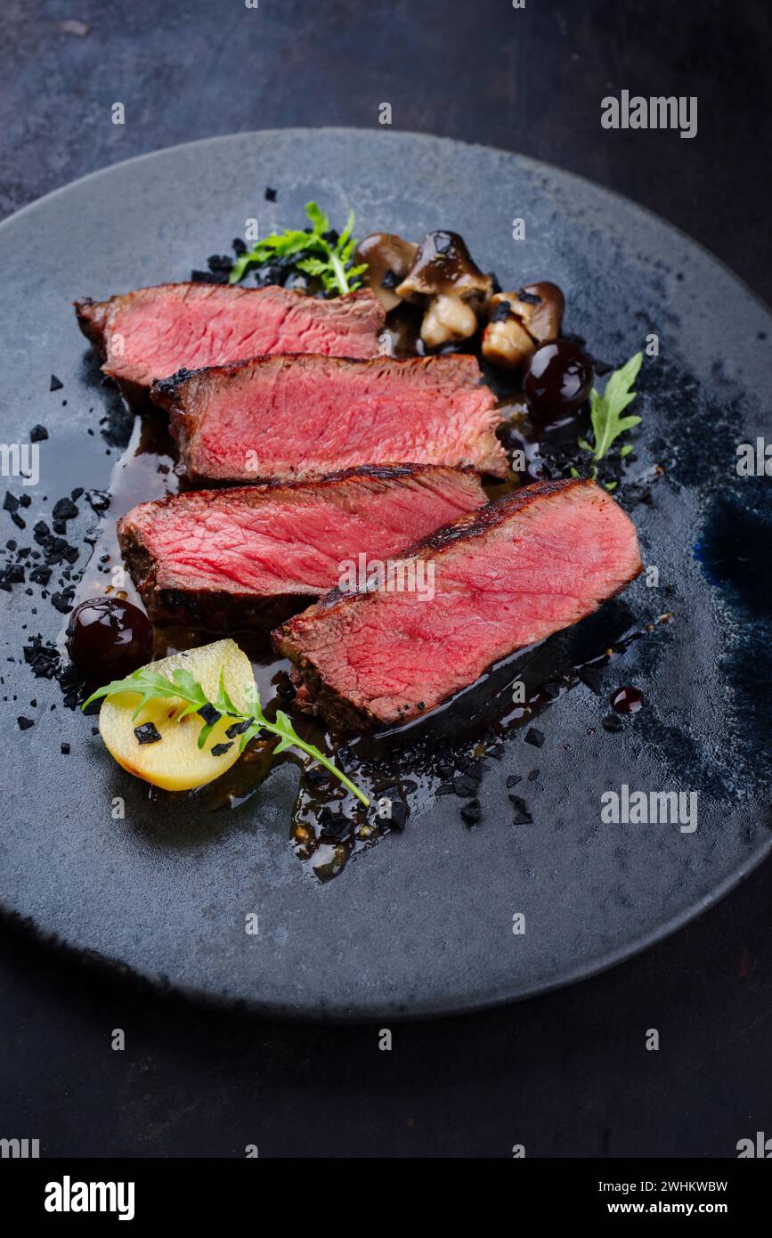 Gourmet barbecue dry aged angus roast beef steak mini pear and ...