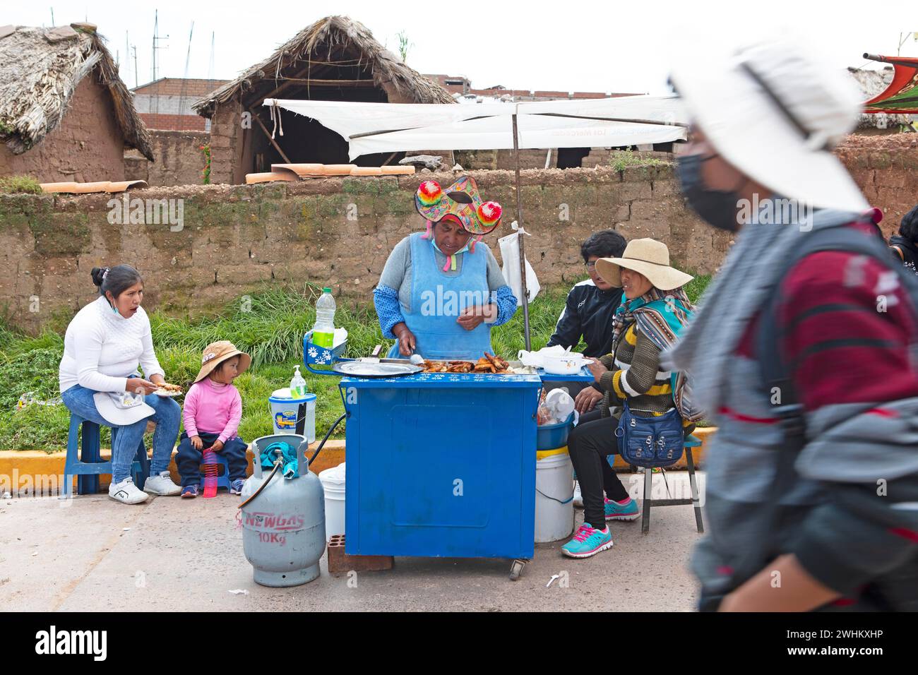 Barbecue stall at the traditional market in Cocotos on Lake Titicaca ...