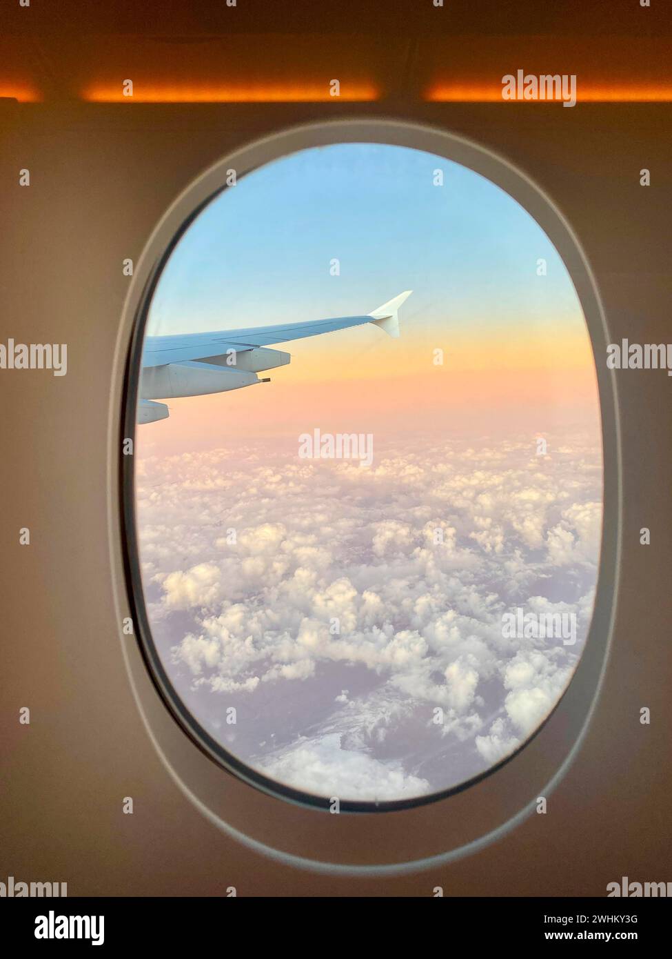 View from aeroplane window, porthole, Emirates airline, Airbus A380-800 ...
