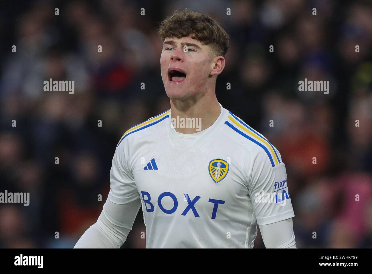 Leeds, UK. 10th Feb, 2024. Charlie Cresswell of Leeds United gestures ...