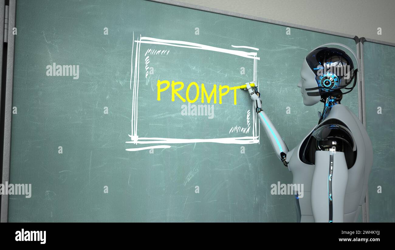 Humanoid robot teacher write the word Prompt on the chalkboard. 3d ...