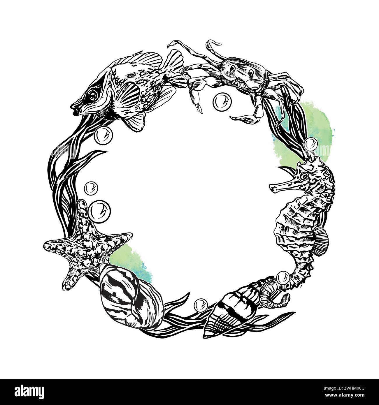 Marine frame, wreath. Seahorse, crab, fish, starfish. Vector ...