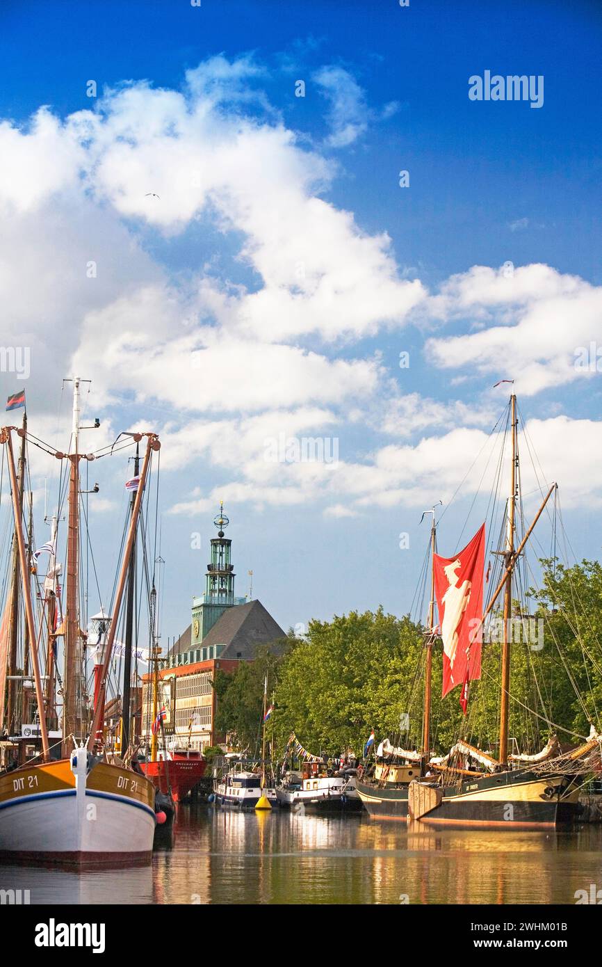 Traditional ships, Ratsdelft, town hall, Emden, East Frisia, Germany ...