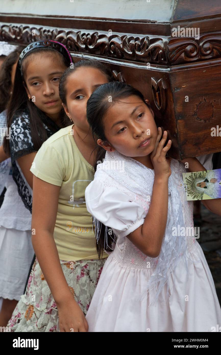 Antigua, Guatemala. Semana Santa (Holy Week). Young Girls Carrying an ...