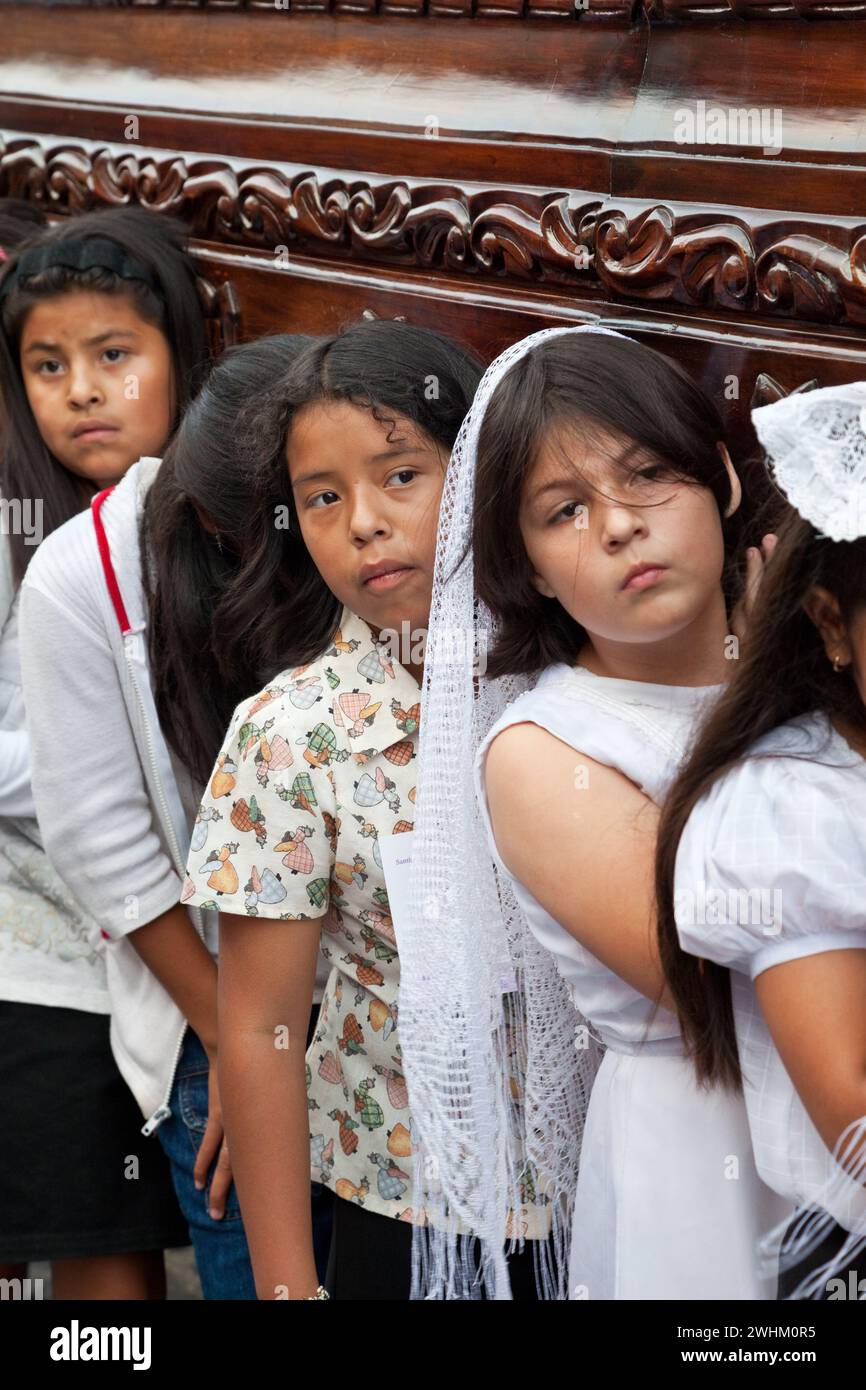 Antigua, Guatemala. Semana Santa (Holy Week). Young Girls Carrying an ...