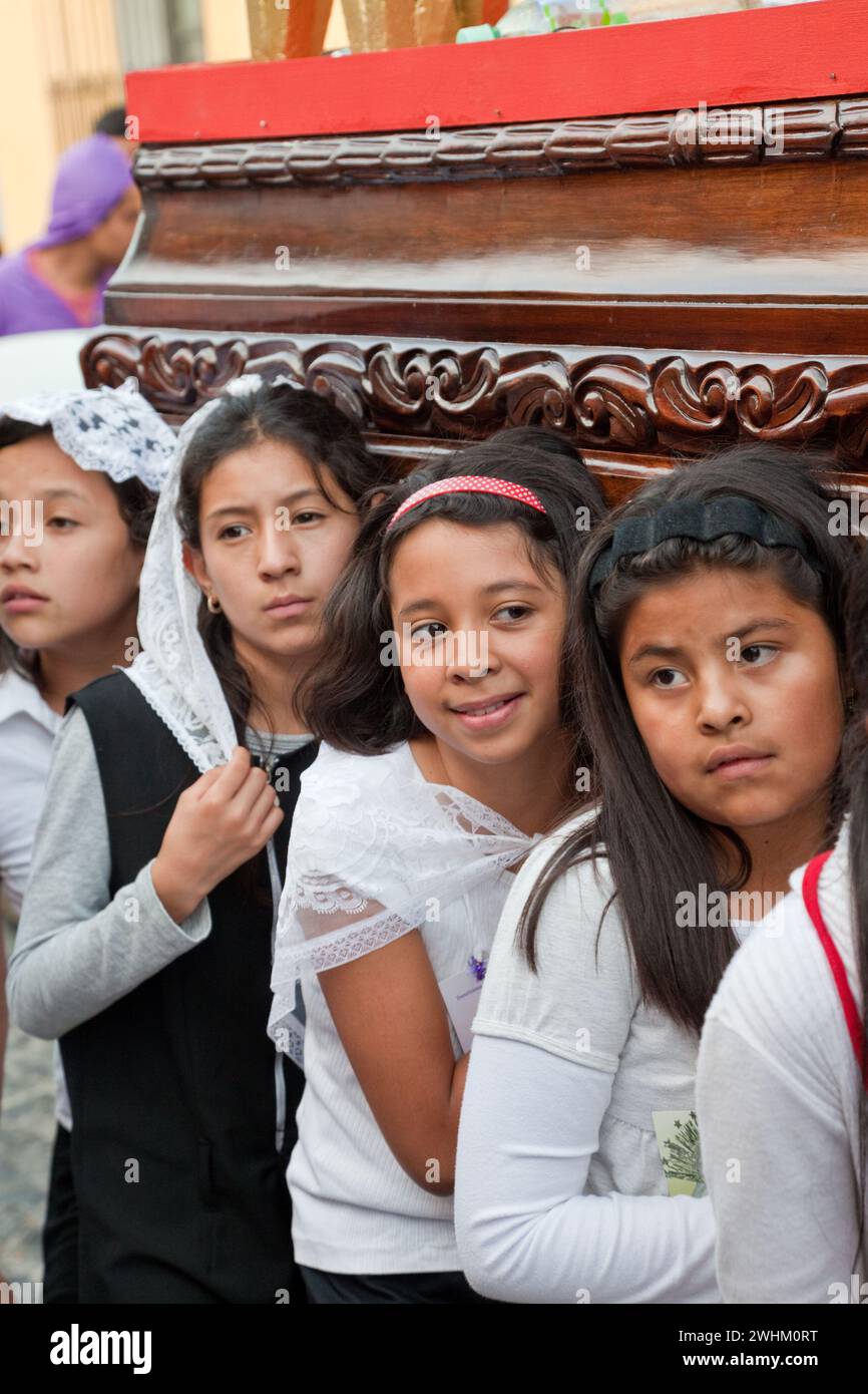 Antigua, Guatemala. Semana Santa (Holy Week). Young Girls Carrying an ...