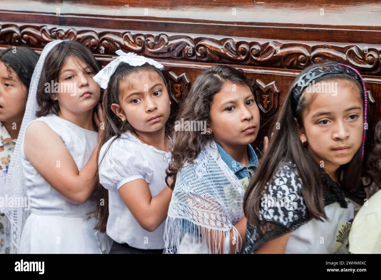 Antigua, Guatemala. Semana Santa (Holy Week). Young Girls Carrying an ...