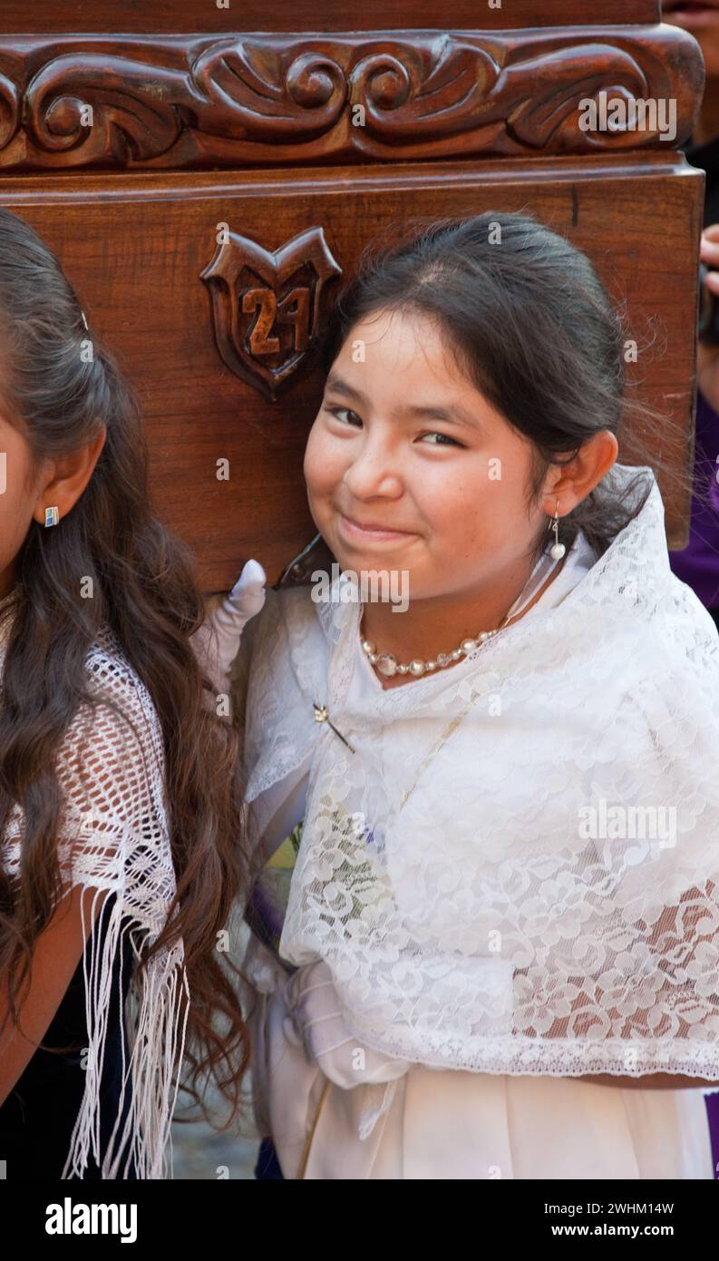 Antigua, Guatemala. Semana Santa (Holy Week). Young Girls Carrying an ...