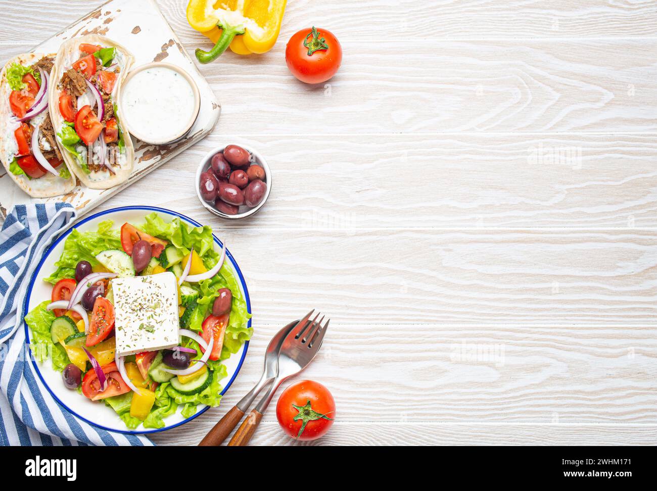 Traditional Greek Food: Greek Salad, Gyros with meat and vegetables ...