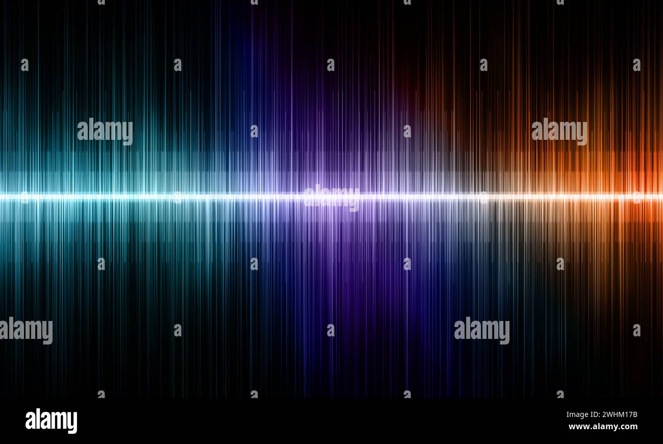 Sound waves with rays, on a black background. Bright musical background ...