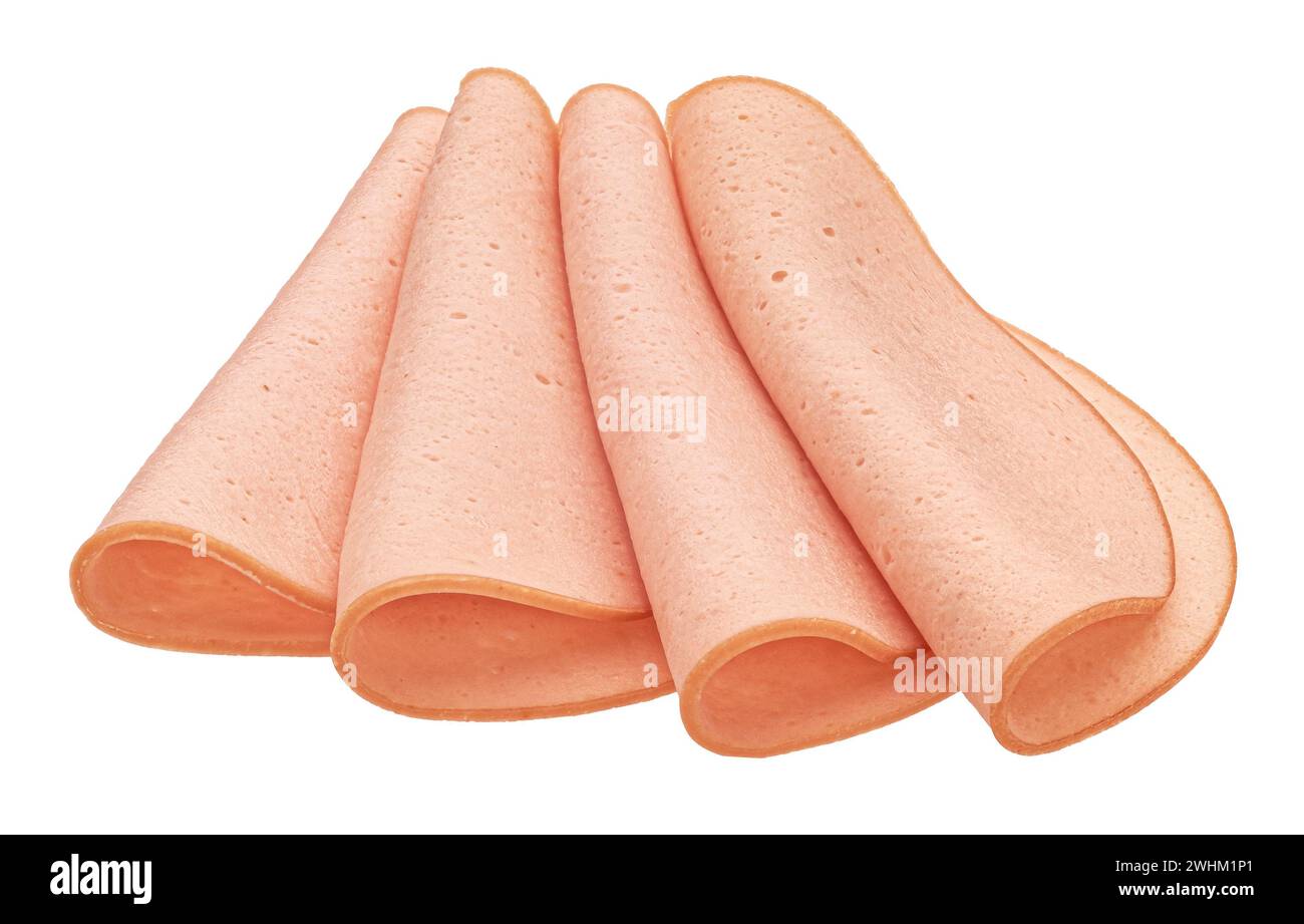 Boiled ham sausage slices isolated on white background, full depth of ...
