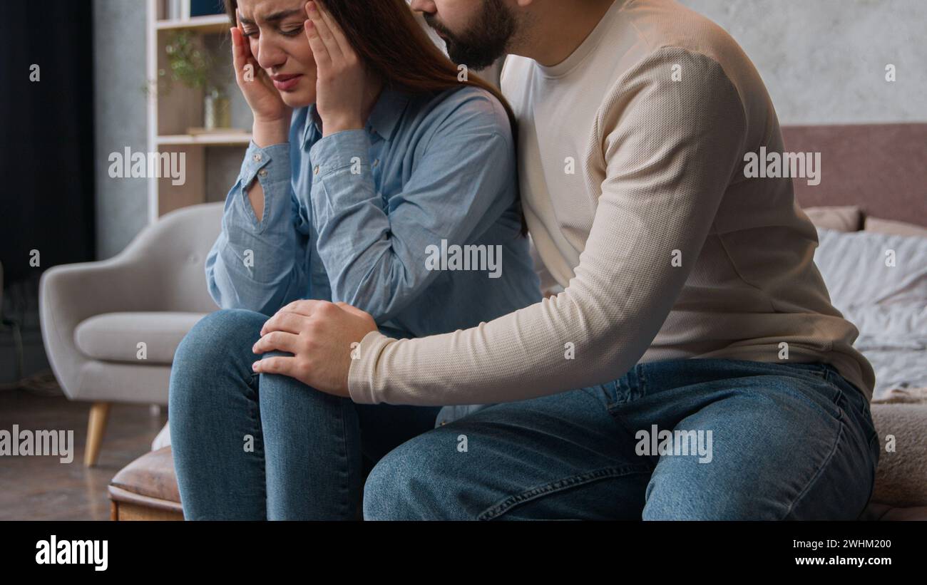 Couple quarrel in bedroom sad offended woman hurt crying relationship ...