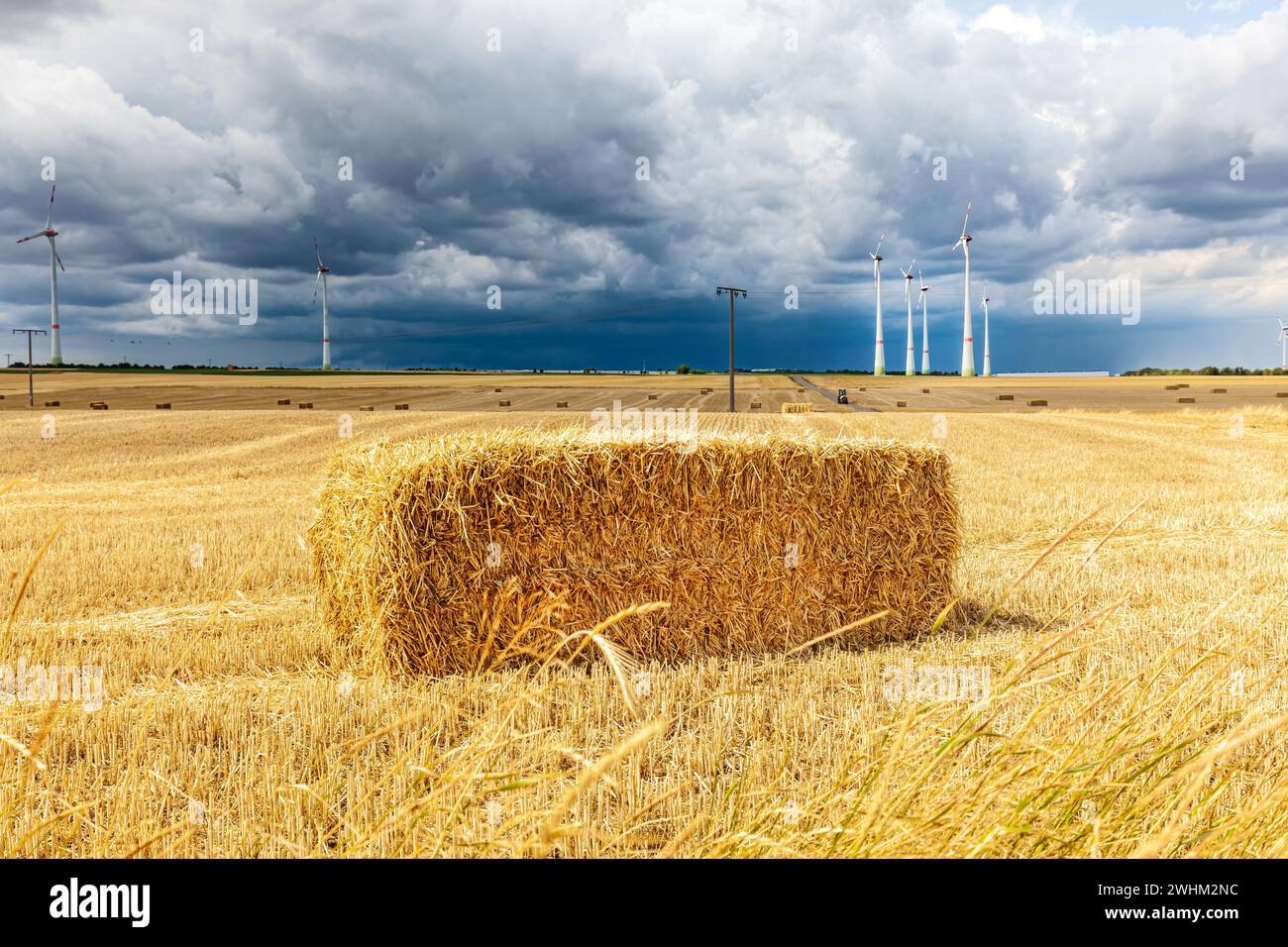 Wind turbines landscape scenery and grain fields with dramatic sky. hay ...